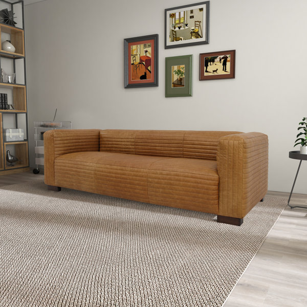 Hokku Designs Cimarron 90.6" Wide Mid Century Modern Channel Tufted Leather Couch | Wayfair